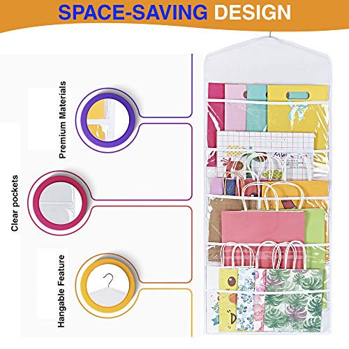 ProPik Hanging Double Sided Gift Bag Storage Organizer with Multiple Front and Back Pockets - Organize Your Gift Wrap, Tissue Paper, and Paper Bags 38 x 16 Inch PVC (White)