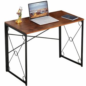 vecelo folding computer desk 39.4'', simple laptop table home office workstation for reading writing, no assembly needed, small space, teak brown