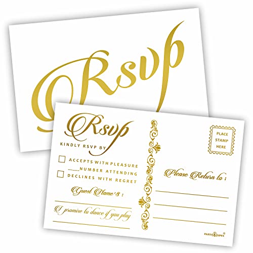 PARTH iMPEX RSVP Postcards for Wedding - (Pack of 50) Gold Foil Stamping with Mailing Side 4"x6" Response Cards All Occasion Mailable - White