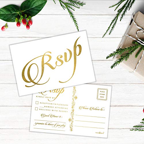 PARTH iMPEX RSVP Postcards for Wedding - (Pack of 50) Gold Foil Stamping with Mailing Side 4"x6" Response Cards All Occasion Mailable - White