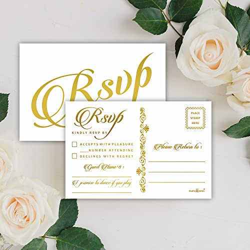 PARTH iMPEX RSVP Postcards for Wedding - (Pack of 50) Gold Foil Stamping with Mailing Side 4"x6" Response Cards All Occasion Mailable - White