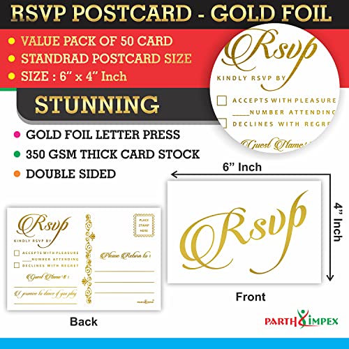 PARTH iMPEX RSVP Postcards for Wedding - (Pack of 50) Gold Foil Stamping with Mailing Side 4"x6" Response Cards All Occasion Mailable - White