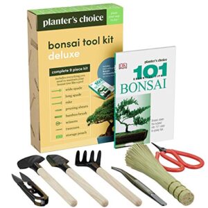 planters' choice premium bonsai tool kit + bonsai 101 book -set includes:wooden rake, long & wide spades, scissors, tweezers, bamboo brush, & pruning shears (trimmer/clipper) in fabric storage holder