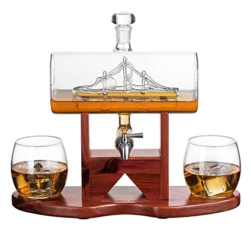 Whiskey Decanter Set, Liquor Dispenser for Home Bar, Crystal Glass - 1250ml Ship & 2 Whiskey Glasses Beautiful Stand Fathers Day, Gift for Dad, Husband or Boyfriend - The Wine Savant 100% Lead-Free