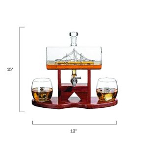 Whiskey Decanter Set, Liquor Dispenser for Home Bar, Crystal Glass - 1250ml Ship & 2 Whiskey Glasses Beautiful Stand Fathers Day, Gift for Dad, Husband or Boyfriend - The Wine Savant 100% Lead-Free