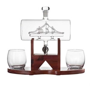 Whiskey Decanter Set, Liquor Dispenser for Home Bar, Crystal Glass - 1250ml Ship & 2 Whiskey Glasses Beautiful Stand Fathers Day, Gift for Dad, Husband or Boyfriend - The Wine Savant 100% Lead-Free