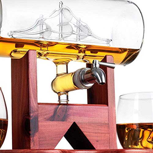 Whiskey Decanter Set, Liquor Dispenser for Home Bar, Crystal Glass - 1250ml Ship & 2 Whiskey Glasses Beautiful Stand Fathers Day, Gift for Dad, Husband or Boyfriend - The Wine Savant 100% Lead-Free