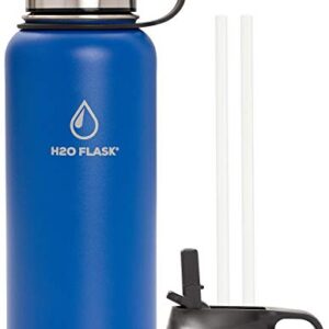 Insulated Water Bottle with Flip Top & Wide Mouth Lids, 2 BPA-Free Straws - 32-40oz, Stainless Steel, Double Wall, Vacuum Insulated for No Leaks - Keeps Liquid Hotter & Colder Longer - Blue 32oz