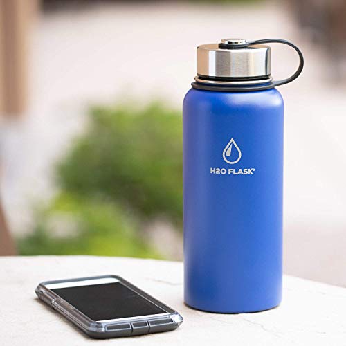 Insulated Water Bottle with Flip Top & Wide Mouth Lids, 2 BPA-Free Straws - 32-40oz, Stainless Steel, Double Wall, Vacuum Insulated for No Leaks - Keeps Liquid Hotter & Colder Longer - Blue 32oz