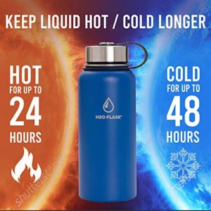 Insulated Water Bottle with Flip Top & Wide Mouth Lids, 2 BPA-Free Straws - 32-40oz, Stainless Steel, Double Wall, Vacuum Insulated for No Leaks - Keeps Liquid Hotter & Colder Longer - Blue 32oz