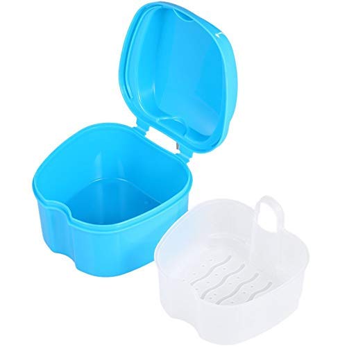 Onwon Denture Case, Denture Cup with Strainer and Lid Retainer Cleaning Soaking Cup - Denture Bath Box False Teeth Storage Box with Basket Net Container Holder for Travel