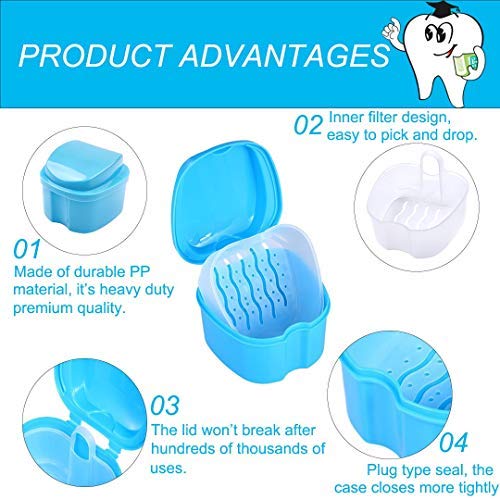 Onwon Denture Case, Denture Cup with Strainer and Lid Retainer Cleaning Soaking Cup - Denture Bath Box False Teeth Storage Box with Basket Net Container Holder for Travel