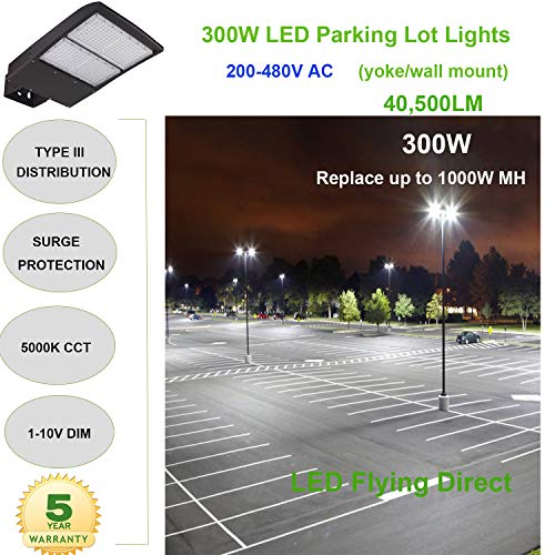 480V 300W LED Parking Lot Lights, 42000LM 1000W MH/HPS Equiv. Surge Protection 5000K DLC UL LED Shoebox Lights for Sports Court Parking Lot, Trunnion Mount