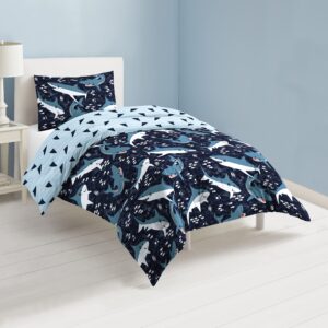 dream factory sharks boys twin size boys bedding set cotton kids comforter set with sham, 2 piece, twin, navy