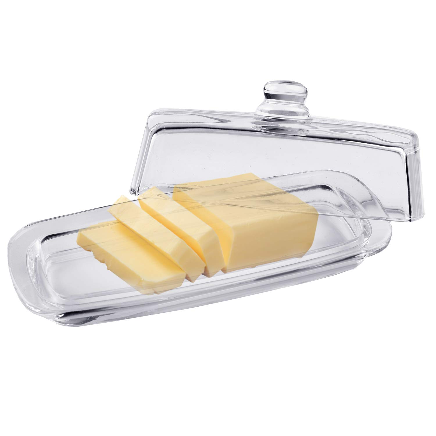 Bezrat Glass Butter Dish with Lid - Elegant Slim Tidy Cover with Handle - Crystal Clear Rectangular 2 Piece Design