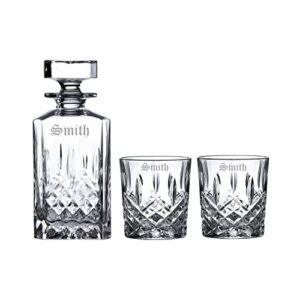 marquis by waterford markham square personalized crystal whiskey decanter set with pair of 11 ounce dof glasses, custom engraved whiskey decanter with glasses for scotch, bourbon, rye