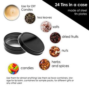 Mimi Pack 2 oz Black Tins 24 Pack of Shallow Screw Top Round Tin Containers with Lids For Cosmetics, Party Favors, Gifts