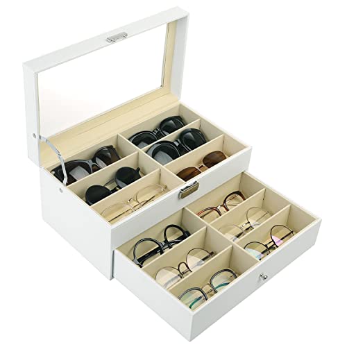 MyGift Deluxe White 12-Compartment Sunglasses Display Case with Glass Lid and Leatherette Trim