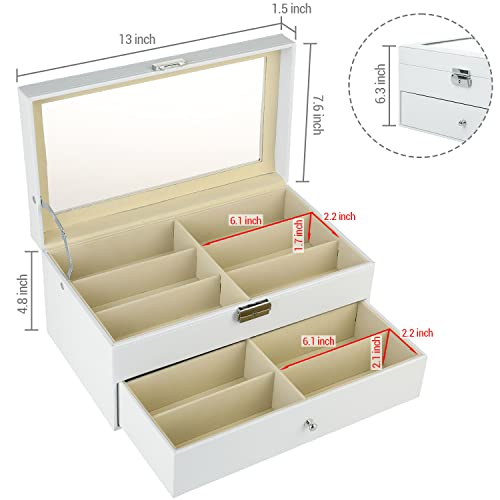 MyGift Deluxe White 12-Compartment Sunglasses Display Case with Glass Lid and Leatherette Trim