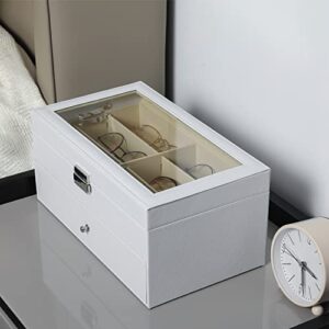 MyGift Deluxe White 12-Compartment Sunglasses Display Case with Glass Lid and Leatherette Trim