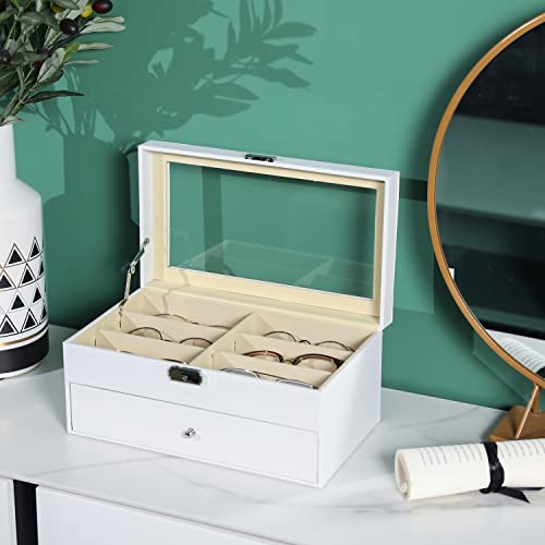 MyGift Deluxe White 12-Compartment Sunglasses Display Case with Glass Lid and Leatherette Trim