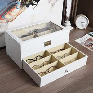 MyGift Deluxe White 12-Compartment Sunglasses Display Case with Glass Lid and Leatherette Trim