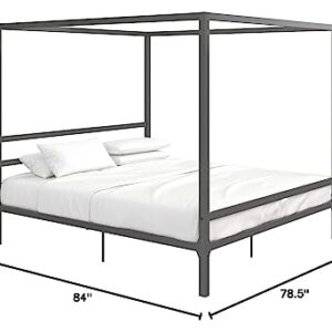 DHP Modern Metal Canopy Platform Bed with Minimalist Headboard and Four Poster Design, Underbed Storage Space, No Box Spring Needed, King, Gunmetal Gray