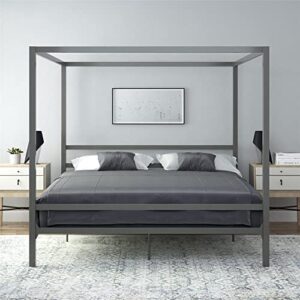 dhp modern metal canopy platform bed with minimalist headboard and four poster design, underbed storage space, no box spring needed, king, gunmetal gray