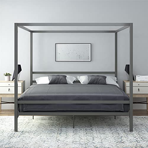 DHP Modern Metal Canopy Platform Bed with Minimalist Headboard and Four Poster Design, Underbed Storage Space, No Box Spring Needed, King, Gunmetal Gray