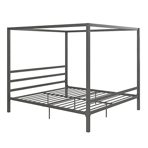 DHP Modern Metal Canopy Platform Bed with Minimalist Headboard and Four Poster Design, Underbed Storage Space, No Box Spring Needed, King, Gunmetal Gray