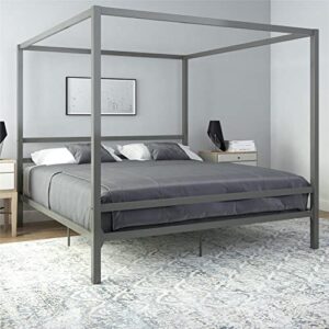 DHP Modern Metal Canopy Platform Bed with Minimalist Headboard and Four Poster Design, Underbed Storage Space, No Box Spring Needed, King, Gunmetal Gray