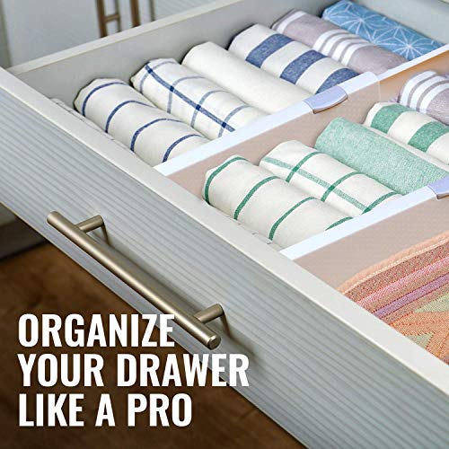 RAPTUROUS Drawer Divider - 2.5 Inch High, Expands from 13-22 Inches, Adjustable Dividers for Kitchen, Dressers - Organizers for Clothing, Baby Clothes, Untensils, etc - 3 Pack White Drawer Separators