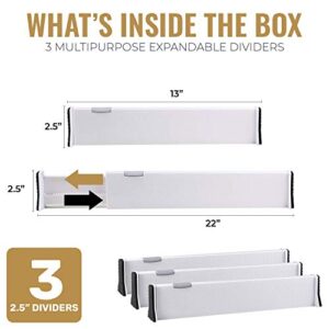 RAPTUROUS Drawer Divider - 2.5 Inch High, Expands from 13-22 Inches, Adjustable Dividers for Kitchen, Dressers - Organizers for Clothing, Baby Clothes, Untensils, etc - 3 Pack White Drawer Separators