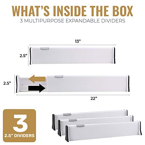 RAPTUROUS Drawer Divider - 2.5 Inch High, Expands from 13-22 Inches, Adjustable Dividers for Kitchen, Dressers - Organizers for Clothing, Baby Clothes, Untensils, etc - 3 Pack White Drawer Separators