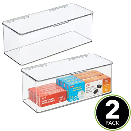 mDesign Plastic Stackable Storage Organizer Box with Hinged Lid - Long Home Office Holder Supply Bin for Note Pads, Gel Pens, Staples, Tape, Highlighters, or Dry Erase Markers, 2 Pack - Clear