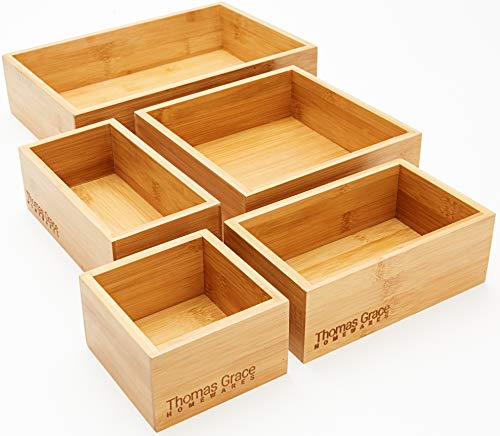 Thomas Grace Homewares 5-Piece Bamboo Storage Box & Organizer Set Multi-sized Set of 5 Drawer Dividers Organizer Boxes for kitchen, office, jewellery, junk, cosmetic, bath, bedroom or Gift.