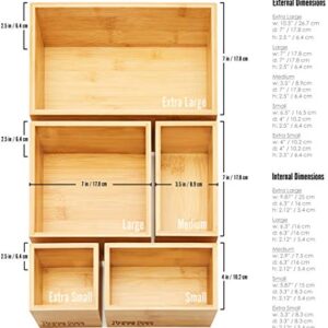 Thomas Grace Homewares 5-Piece Bamboo Storage Box & Organizer Set Multi-sized Set of 5 Drawer Dividers Organizer Boxes for kitchen, office, jewellery, junk, cosmetic, bath, bedroom or Gift.