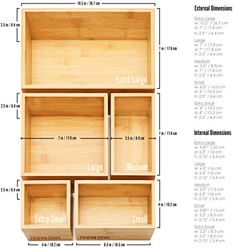 Thomas Grace Homewares 5-Piece Bamboo Storage Box & Organizer Set Multi-sized Set of 5 Drawer Dividers Organizer Boxes for kitchen, office, jewellery, junk, cosmetic, bath, bedroom or Gift.