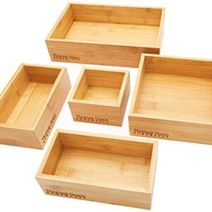 Thomas Grace Homewares 5-Piece Bamboo Storage Box & Organizer Set Multi-sized Set of 5 Drawer Dividers Organizer Boxes for kitchen, office, jewellery, junk, cosmetic, bath, bedroom or Gift.