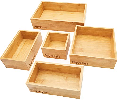 Thomas Grace Homewares 5-Piece Bamboo Storage Box & Organizer Set Multi-sized Set of 5 Drawer Dividers Organizer Boxes for kitchen, office, jewellery, junk, cosmetic, bath, bedroom or Gift.