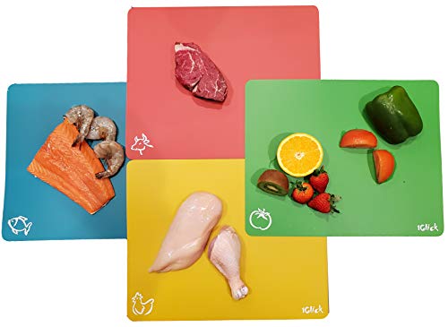 1 Click Extra Thick Flexible Plastic Cutting Board Mats with Food Icons &"EZ-Grip" Waffle Back, (set of 4), For Kitchen & Bar