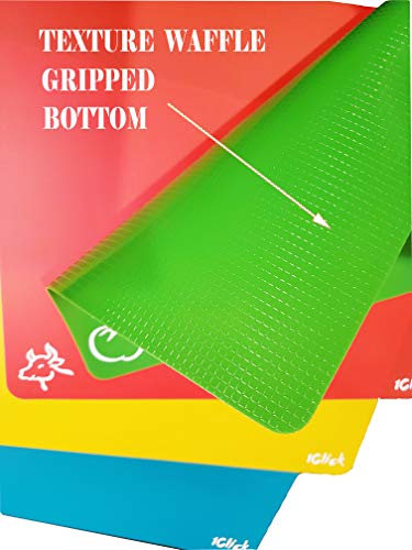 1 Click Extra Thick Flexible Plastic Cutting Board Mats with Food Icons &"EZ-Grip" Waffle Back, (set of 4), For Kitchen & Bar