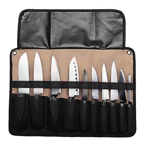 10 Slots Chef Knife Roll Bag Waterproof Oxford Cloth Roll Utensil Holder Storage Bag Multi Purpose Knife Roll Pouch with Cover Flap Wrap String for Small Size knife