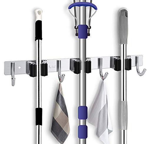 Broom Mop Holder Wall Mount,Favbal Garage Organization Tool Organizer Storage Broom Closet Kitchen Organization Heavy Duty Garage Tools Hanger with 3 Racks 4 Hooks for Home Kitchen Garden Laundry Room