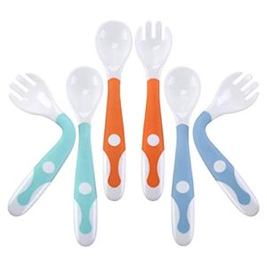 baby utensils spoons forks 3 sets, cute stone toddlers feeding training spoon and fork tableware set easy grip heat-resistant bendable bpa free great self-feeding learning spoons forks for kids