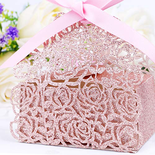 PONATIA 50 PCS Laser Cut Rose Gold Glitter Boxes with Pink Ribbons Wedding Party Favor, Wedding Gift Bags Chocolate Candy and Gift Boxes(Rose Gold Glitter)