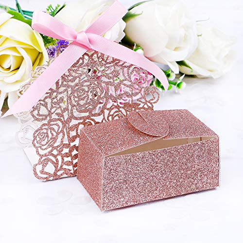 PONATIA 50 PCS Laser Cut Rose Gold Glitter Boxes with Pink Ribbons Wedding Party Favor, Wedding Gift Bags Chocolate Candy and Gift Boxes(Rose Gold Glitter)