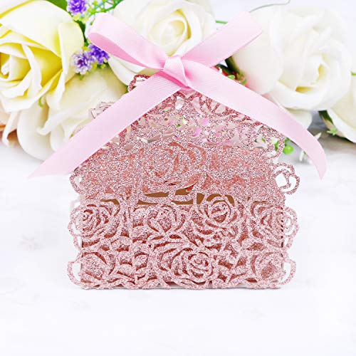 PONATIA 50 PCS Laser Cut Rose Gold Glitter Boxes with Pink Ribbons Wedding Party Favor, Wedding Gift Bags Chocolate Candy and Gift Boxes(Rose Gold Glitter)