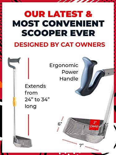 iPrimio Scoop Monster Stand Up Cat Litter Scooper - (Silver) - Adjustable Length Handle Up to 34 inch - Kitty Litter Box Accessory - Super Larg Shovel - Fast Shifting Cat Litter Scoop