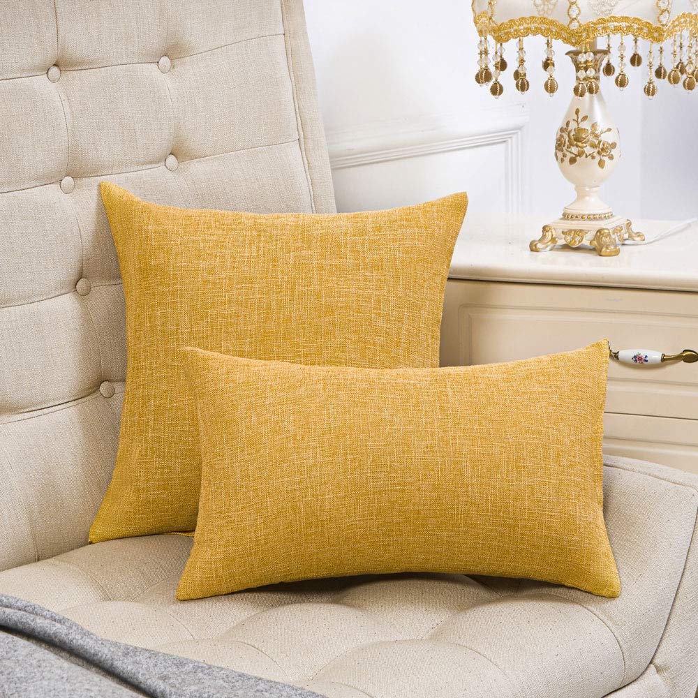 Anickal Set of 2 Mustard Yellow Pillow Covers Rustic Linen Decorative Square Throw Pillow Covers 18x18 Inch for Sofa Couch Decoration